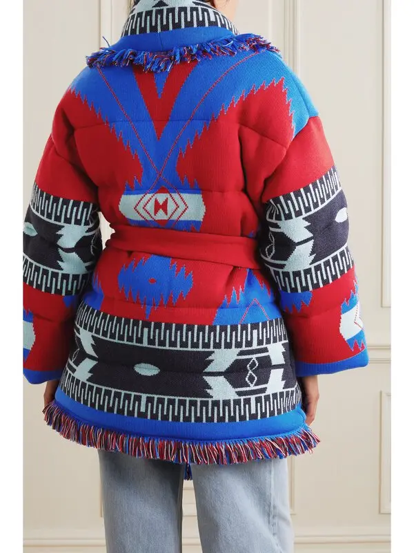 Alanui Icon Belted Fringed Quilted Wool-jacquard Down Jacket