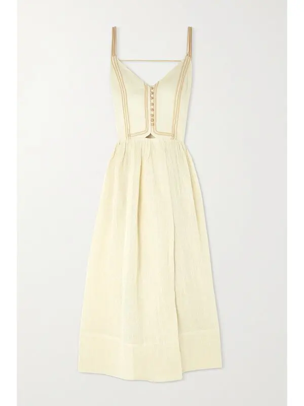 Zeus+dione Ione Cord-trimmed Linen-blend Gauze Midi Dress - Gold