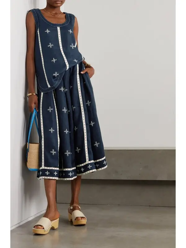 Vita Kin Gera Embroidered Linen Midi Skirt