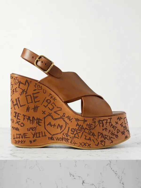Chloé Maxime Leather Platform Wedge Sandals - Brown