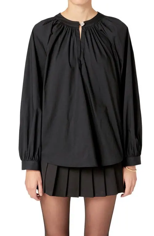 English Factory Rhinestone Button Shirred Top