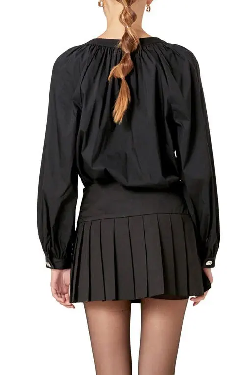 English Factory Rhinestone Button Shirred Top