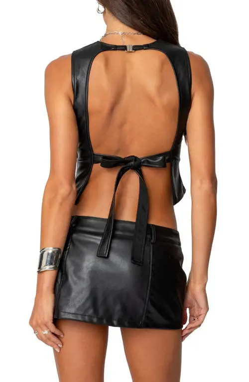 EDIKTED Frances Backless Faux Leather Crop Top - Black