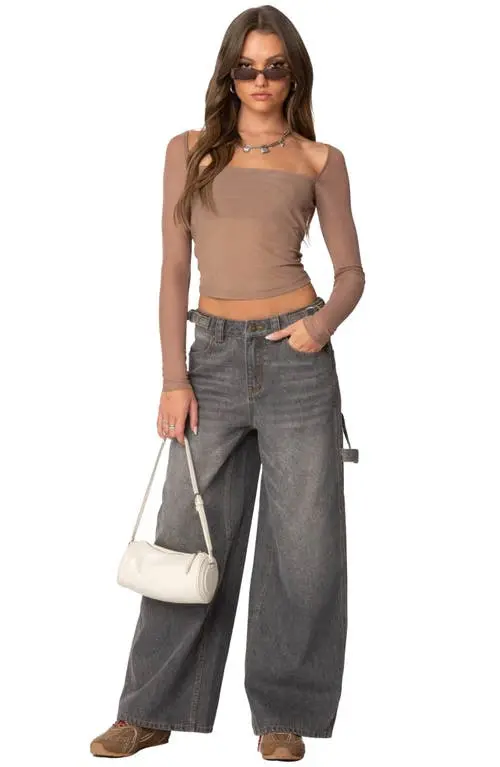 EDIKTED Marta Mesh Crop Top - Brown
