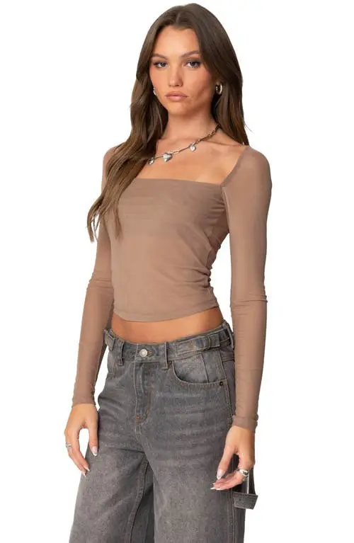 EDIKTED Marta Mesh Crop Top - Brown