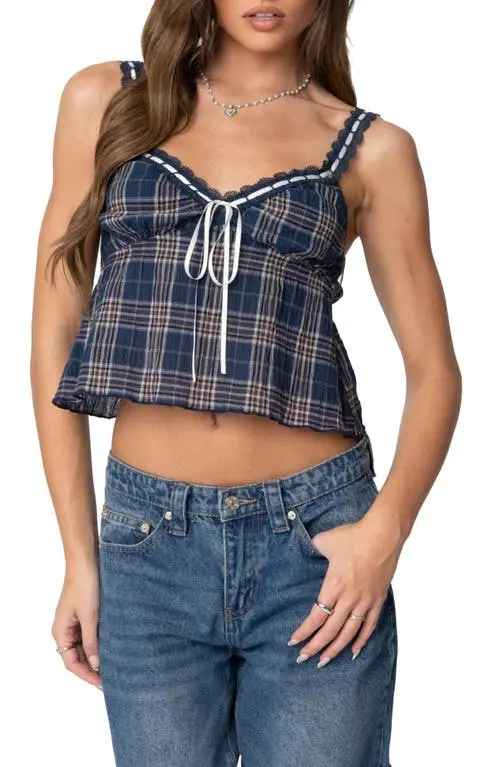 EDIKTED Plaid Lace Trim Crop Camisole