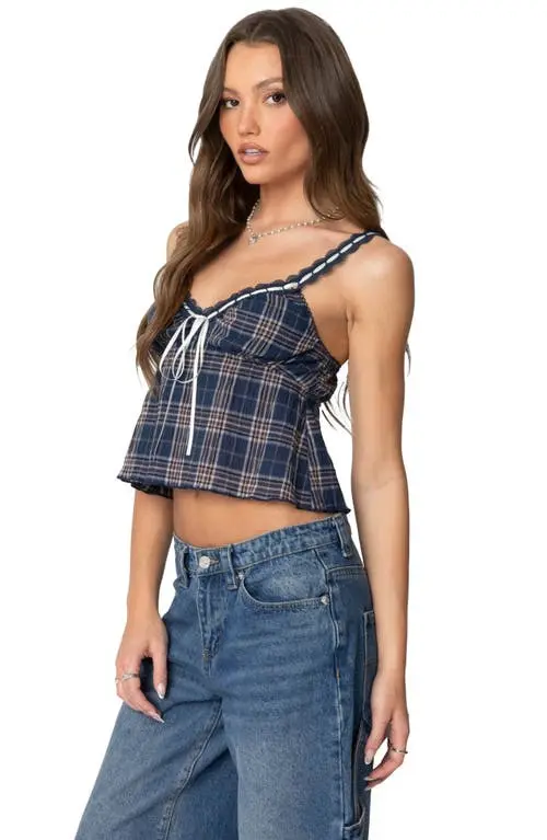 EDIKTED Plaid Lace Trim Crop Camisole