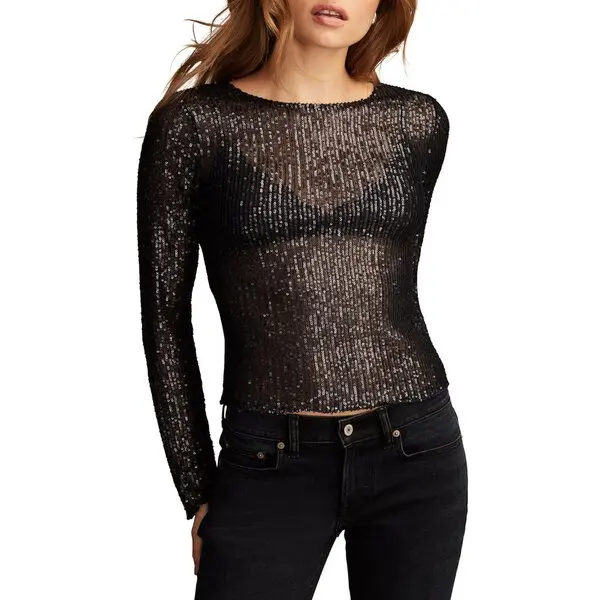 Lucky Brand Sequin Long Sleeve Top - Black