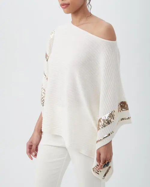 Trina Turk Adela Sequin Trim Sweater Wrap - Winter White/gold