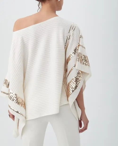 Trina Turk Adela Sequin Trim Sweater Wrap - Winter White/gold