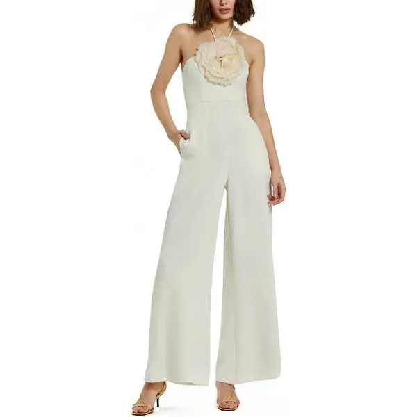 Mac Duggal Crepe Halter Neck Flower Detail Jumpsuit - Ivory