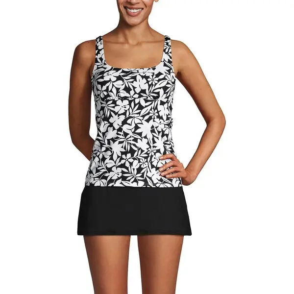 LANDS' END Square Neck Underwire Tankini Top - Black Havana Floral