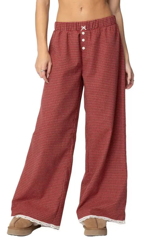 EDIKTED Dakota Plaid Wide Leg Pants - Red