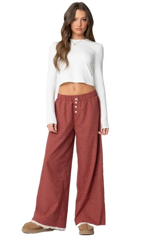 EDIKTED Dakota Plaid Wide Leg Pants - Red