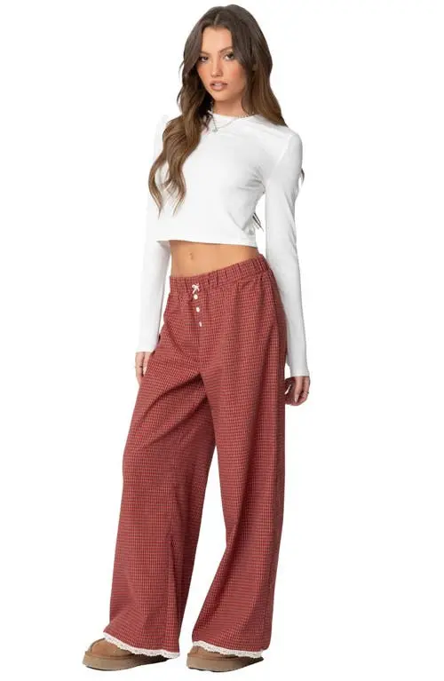 EDIKTED Dakota Plaid Wide Leg Pants - Red
