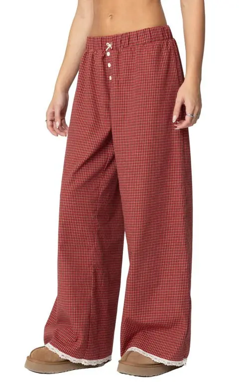 EDIKTED Dakota Plaid Wide Leg Pants - Red