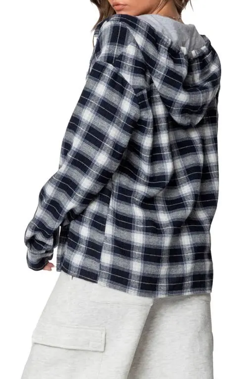 EDIKTED Plaid Cotton Blend Flannel Button-up Hoodie