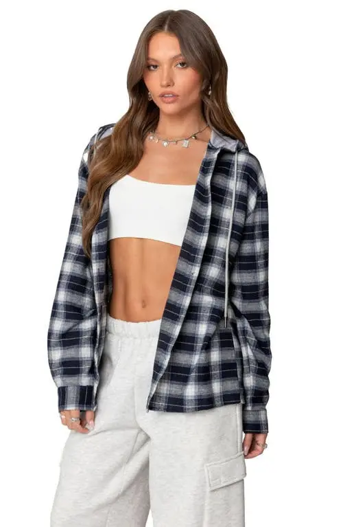 EDIKTED Plaid Cotton Blend Flannel Button-up Hoodie