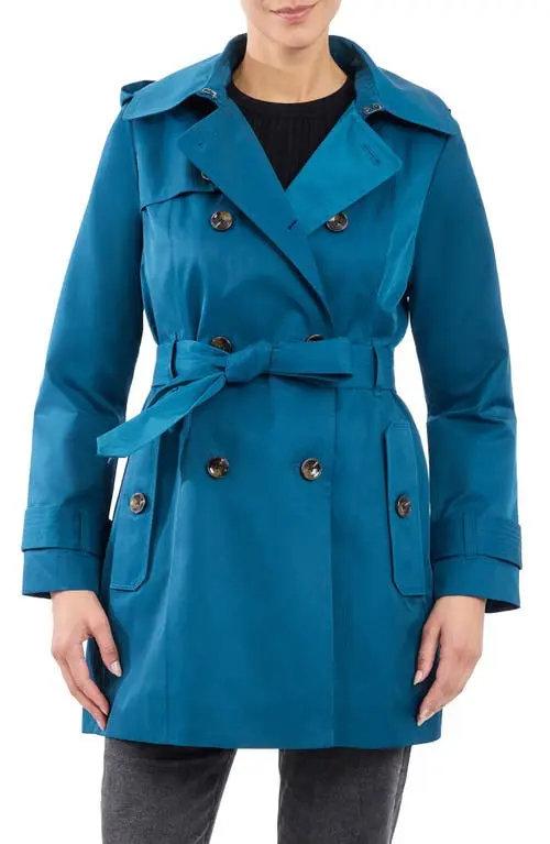 London Fog Hooded Double Breasted Trench Coat - Peacock