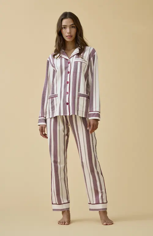 KIP Luxe Stretch Cotton Pajama Set - Merlot Stripe