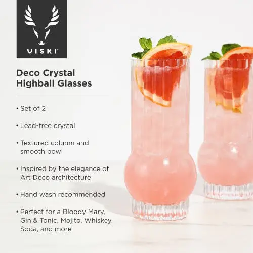 VISKI Art Deco Crystal Highball Glasses Set Of 2