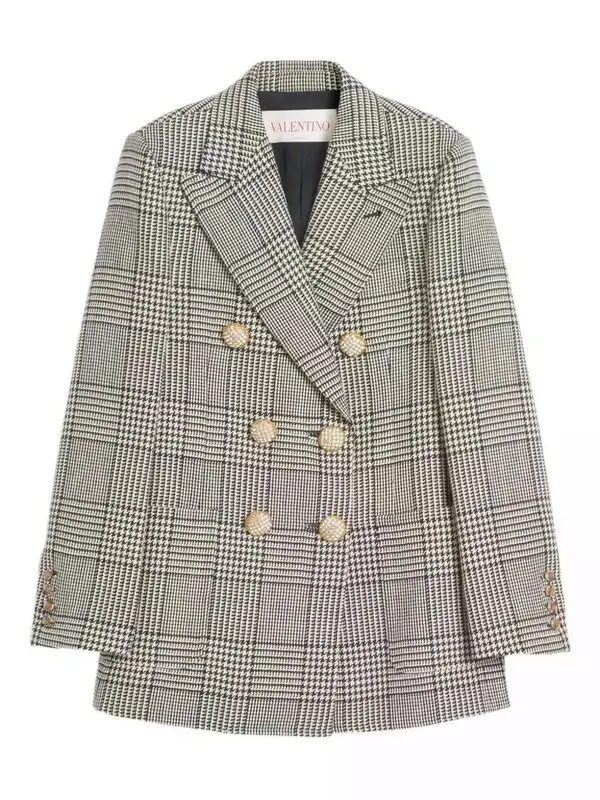 Valentino Garavani Houndstooth Virgin Wool Double-breasted Blazer - Black