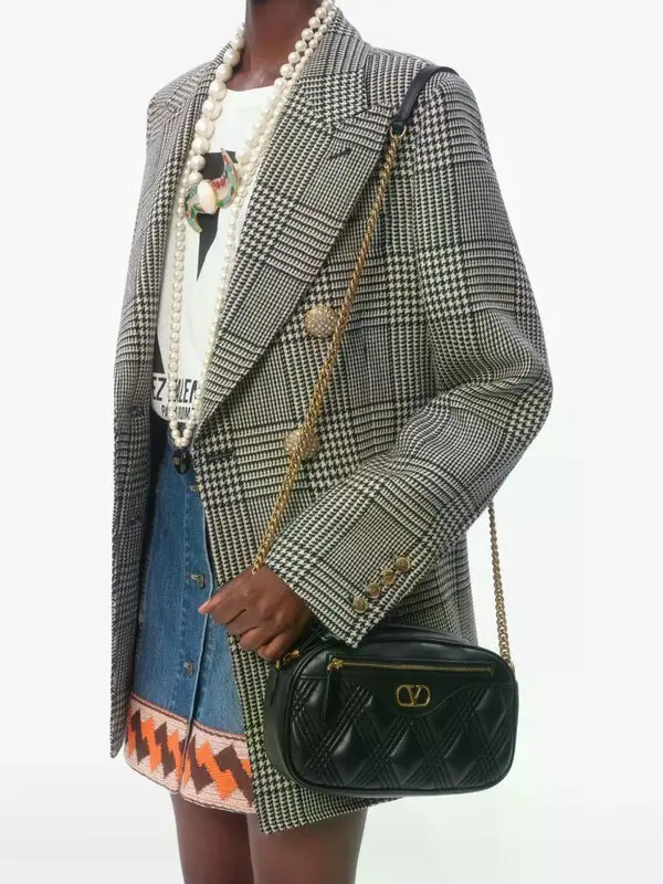 Valentino Garavani Houndstooth Virgin Wool Double-breasted Blazer - Black