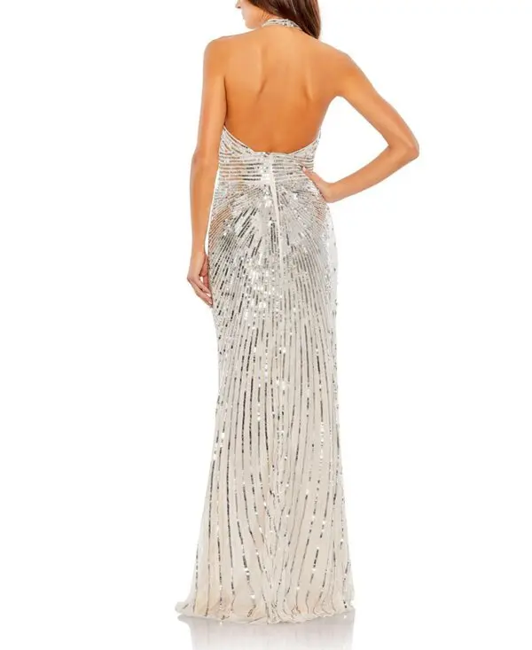 Mac Duggal Embellished Keyhole Halter Gown - Nude Silver | Editorialist