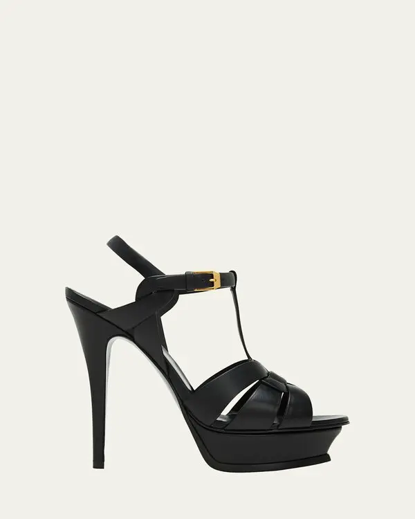 Saint Laurent Tribute Leather T-strap Platform Sandals - Black