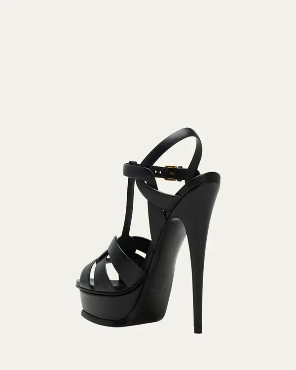 Saint Laurent Tribute Leather T-strap Platform Sandals - Black