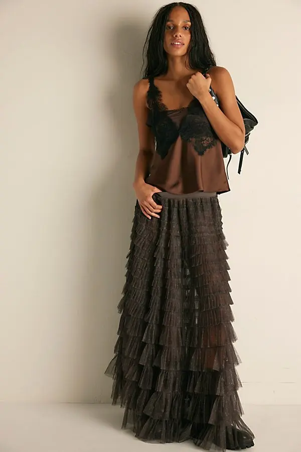 Free People Return Of The Ruffle Maxi Slip Skirt - Olive Grey