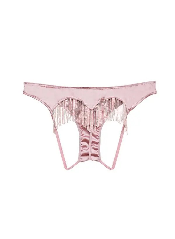 Fleur Du Mal Beaded Fringe Ouvert Heart Shaped Panty - Rosebud