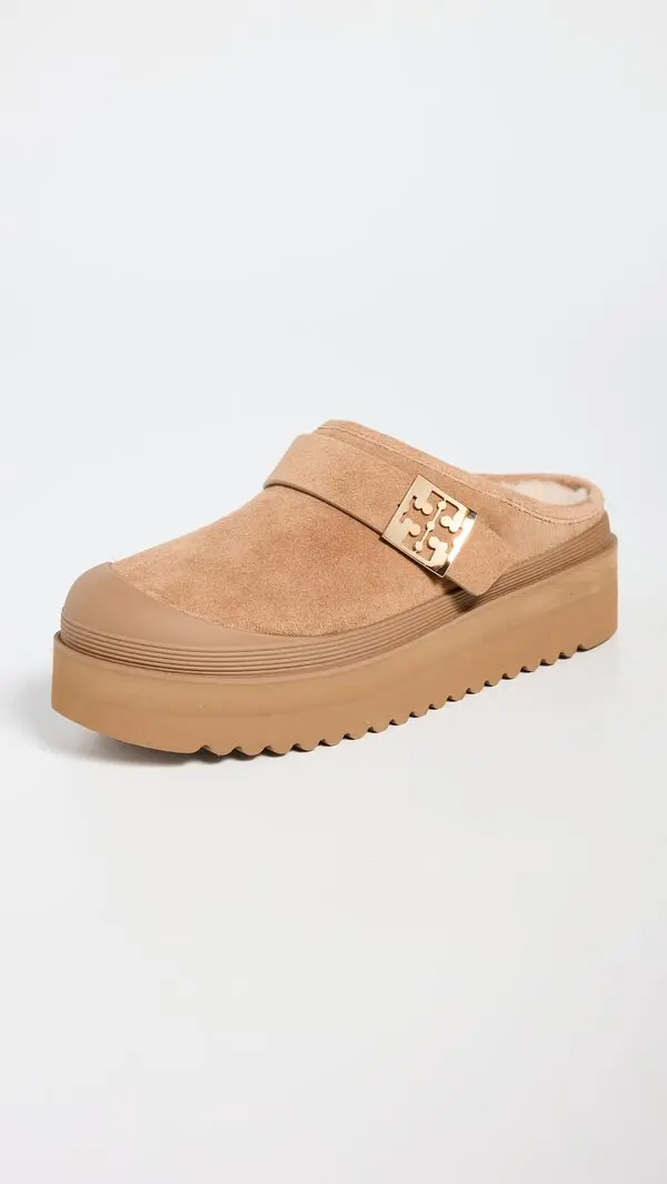 Tory Burch Mellow Shearling Platform Mules - Light Chestnut/gold