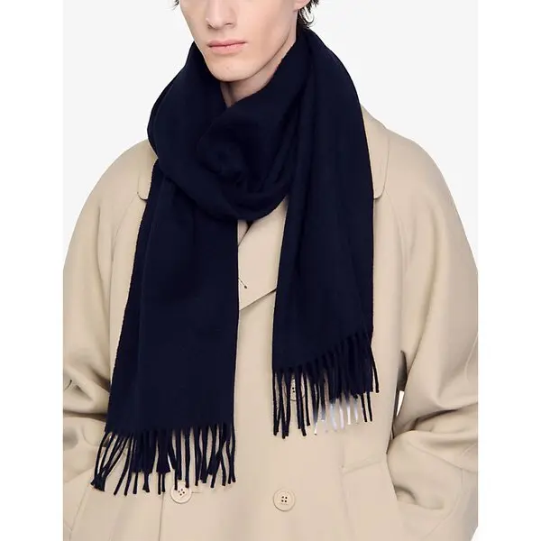Sandro Fringed-trim Wool And Cashmere-blend Scarf - Dark Navy