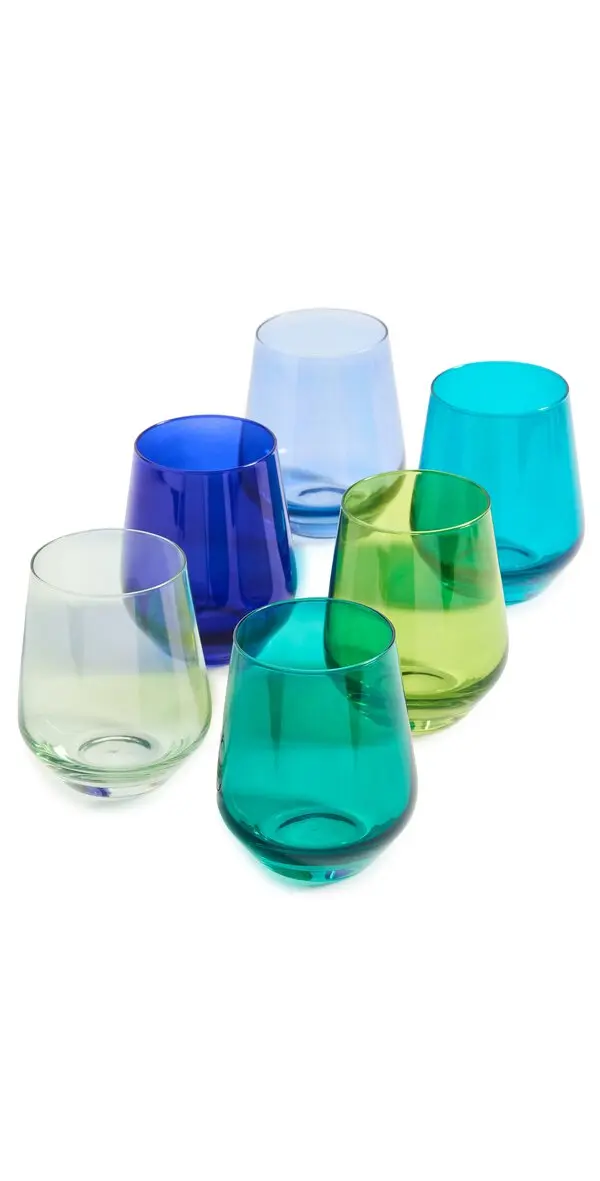 ESTELLE COLORED GLASS Stemless Set Of 6 - E Grn/c Bl/m Grn/f Grn/r Bl/tl