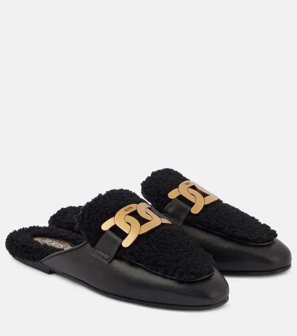TOD'S Catena Kate Shearling And Leather Mules - Black