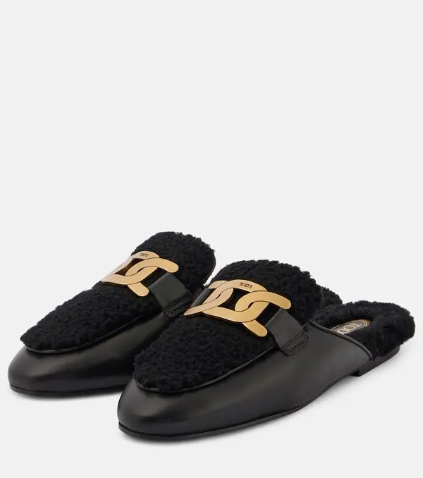 TOD'S Catena Kate Shearling And Leather Mules - Black