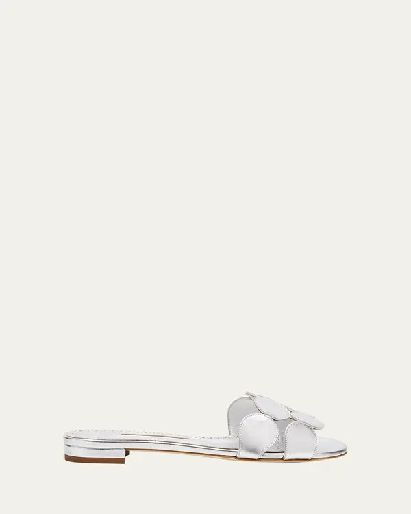 Manolo Blahnik Circle-cut Metallic Flat Slide Sandals - Silver