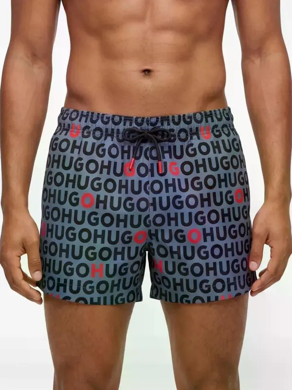 Hugo Logo Print Swim Shorts - Blue
