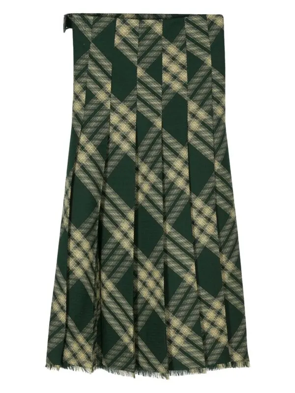 Burberry Pleat-detail Checked Wool Skirt - Green