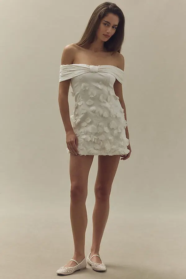 bhldn off-the-shoulder 3d floral mini dress BHLDN + 3D Floral Lace High-Neck Back-Bow Mini Dress