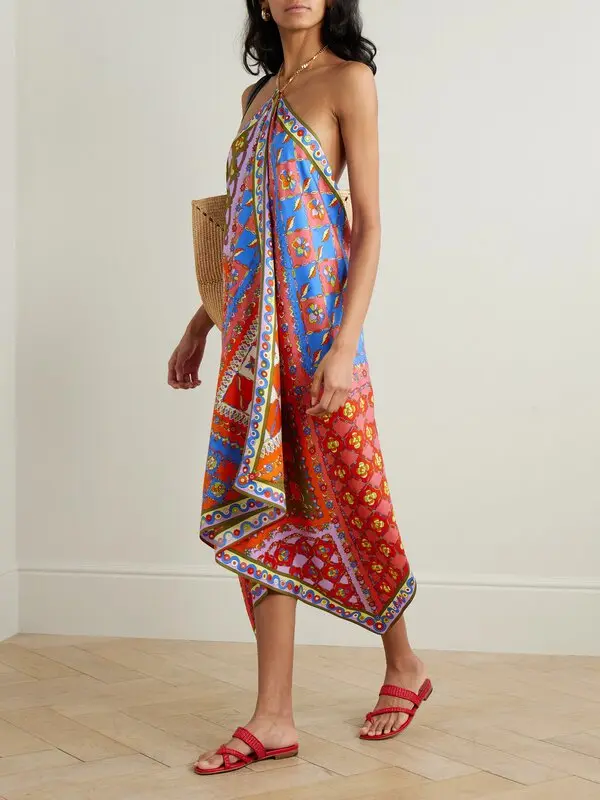 Asymmetric Printed Silk-twill Halterneck Midi Dress