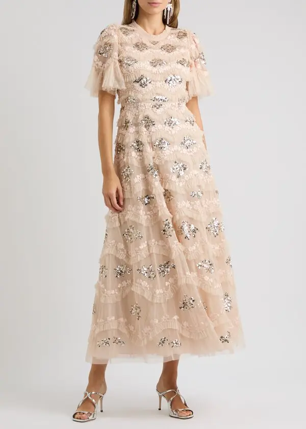 NEEDLE & THREAD Daisy Wave Embellished Ruffled Tulle Gown