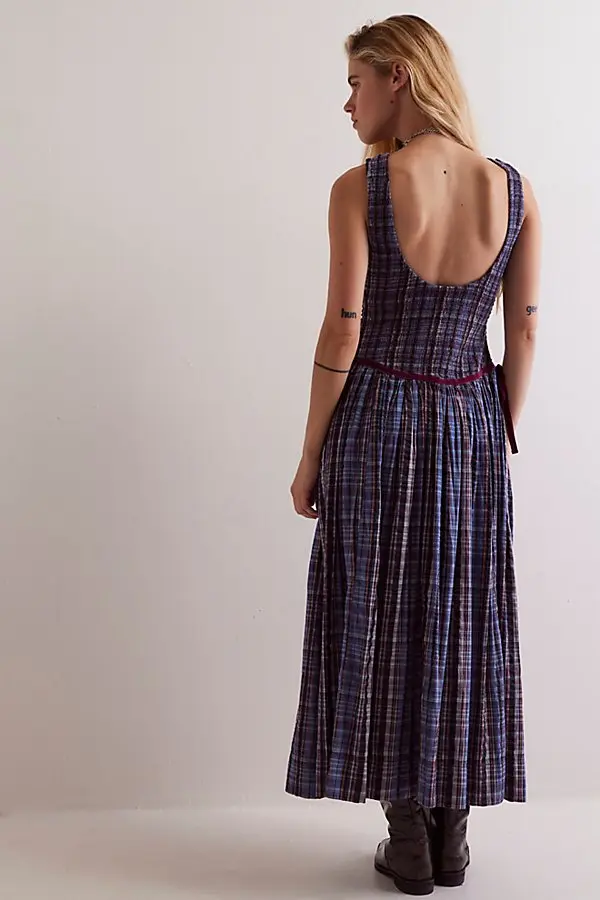 Free People Nightingale Plaid Midi Dress - Indigo Combo | Editorialist