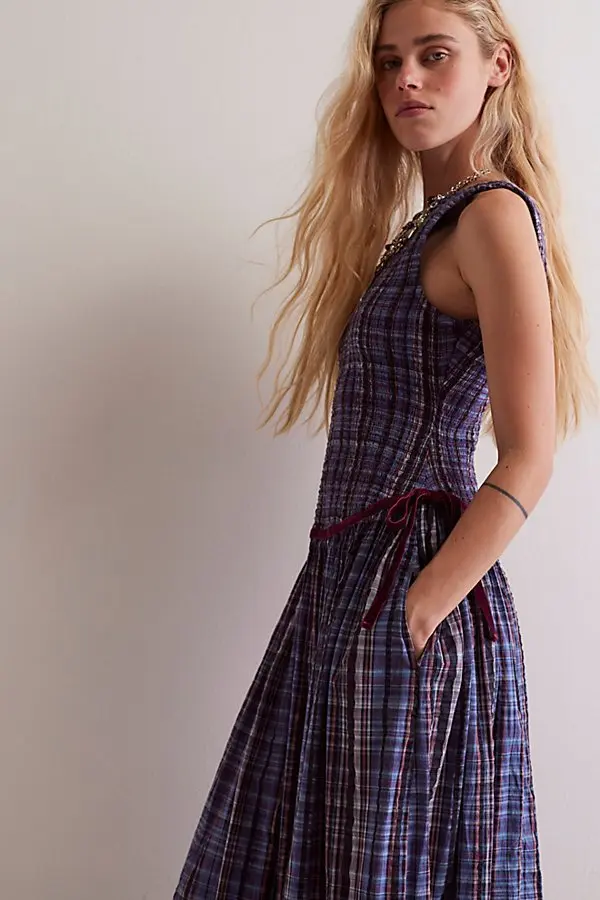 Free People Nightingale Plaid Midi Dress - Indigo Combo | Editorialist