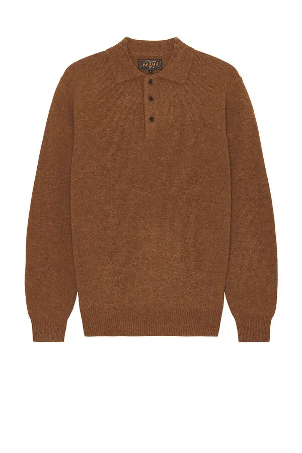 BEAMS Knit Polo 9g Sweater - Brown