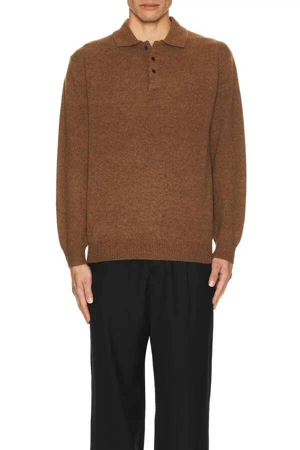 BEAMS Knit Polo 9g Sweater - Brown
