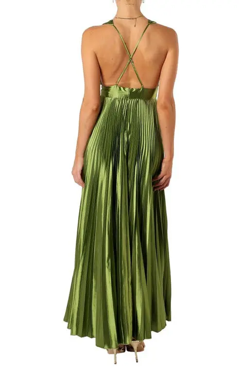 Petal & Pup Kris Plunge Neck Pleated Gown - Martini Olive | Editorialist