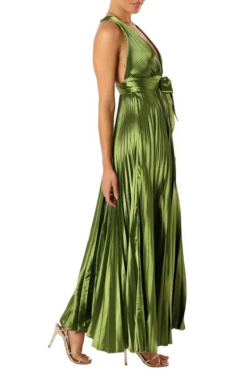 Petal & Pup Kris Plunge Neck Pleated Gown - Martini Olive | Editorialist