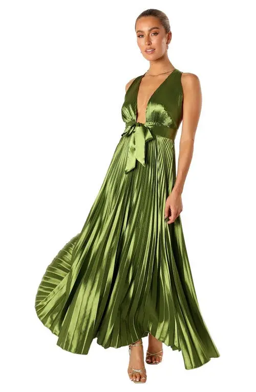 Petal & Pup Kris Plunge Neck Pleated Gown - Martini Olive | Editorialist